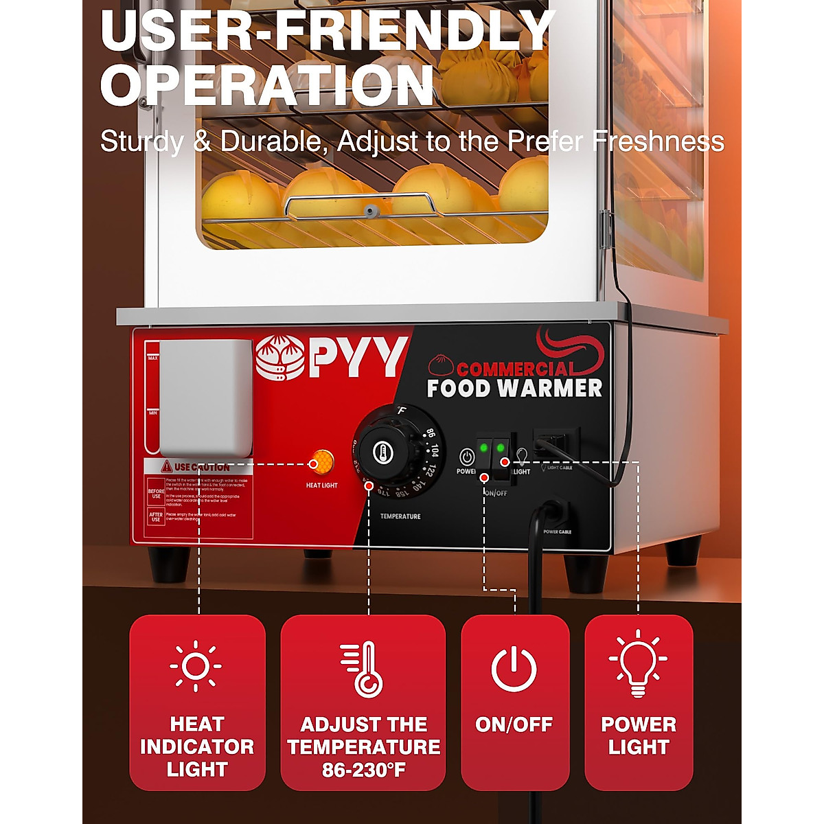 PYY Bun Steamer Electric Food Display - Upgrade Automatic Temperature Control 5 Layers Display Stainless Steel Commercial Bun Steamer For Kiosk, 1200W/110V