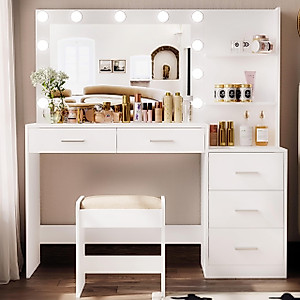 Rovaurx 46.7" W Makeup Vanity Set with Lights and Mirror, Vanity Desk with 5 Drawers, 3 Lighting Colors, Dressing Table for Bedroom, Studio, White RSZT106WD