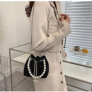 Mini Crossbody Shoulder Evening Bag Shinny Bling Clutch Purse Bucket Pearl Strap Handbag for Women (White)