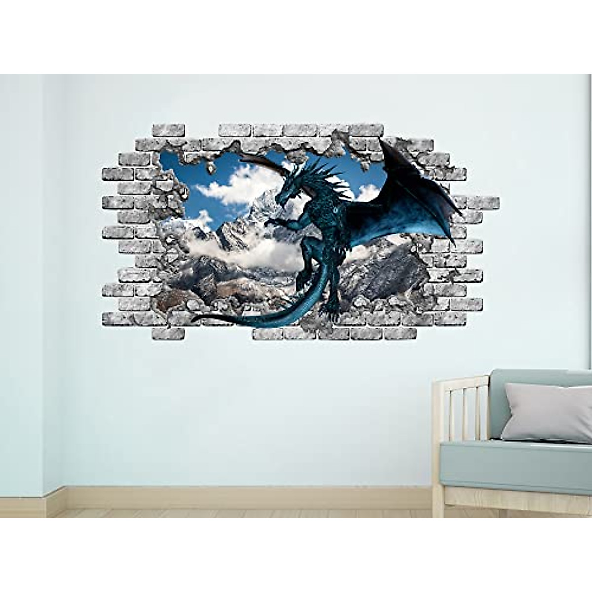 Blue Dragon Wall Decal, Mountains Removable Vinyl Sticker, Dragon Wall Mural, Peel and Stick, Dragon Bedroom Decor NT23