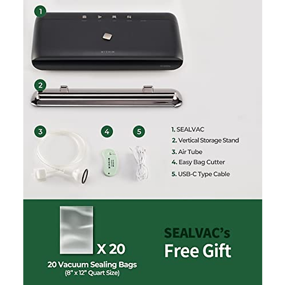 SEALVAC Cordless Vacuum Sealer Machine, Automatic and Compact Design Food Sealer with Vertical Stand, Portable, Sous Vide, Wine & Container Air Sealing Includes 20 Sealing Bags 8"X12" (Black (with vertical stand))