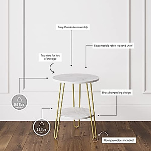 Nathan James Alexis Round Modern Side Accent, End Table with Metal Legs and Faux-Marble Tabletop for Living Bedroom and Nursery Room, 18D x 18W x 22H in, White/Gold
