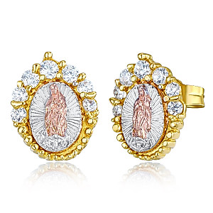 14k REAL Tri Color Gold CZ Our Lady of Guadalupe Earrings