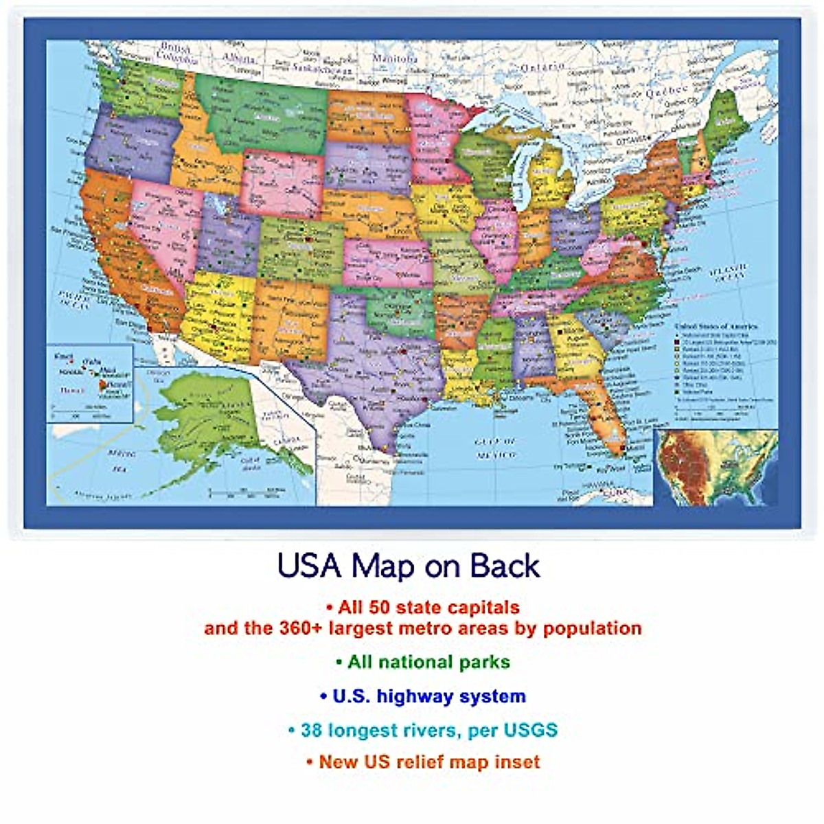 Classic United States USA and World Desk Map, 2-Sided Print, 2-Sided Sealed Lamination, Small Poster Size 11.5 x 17.5 inches (1 Desk Map)