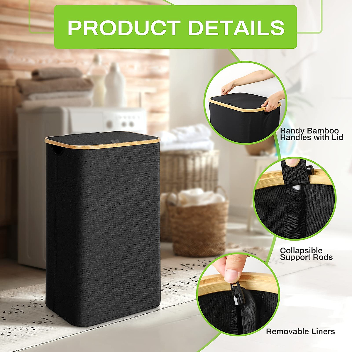 Jhua Laundry Basket with Lid and 2 Removable Liners (Black 110L)