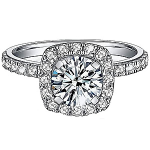 Jansme 1.5ct Cushion Cut Halo Moissanite Engagement Rings for Women Half Eternity 925 Sterling Silver Brilliant Solitaire Square Real Moissanite Engagement Rings Size 5