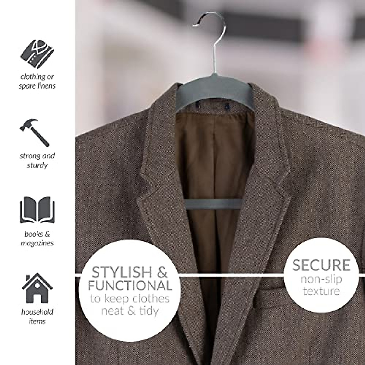 Simplify Extra Wide 21” Velvet Coat Hangers | 6 Pack | Slim Design | Heavy Duty | Holds 10 Pounds | Closet Organization | Shirt & Clothes | Grey