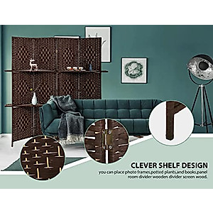 4 Panel Room Dividers and Folding Privacy Screens, 71 Inch High Hand-Woven Design Room Divider Folding Wall Dividers with Shelves, Portable Partition Screen for Room,Freestanding Room Separator, Brown