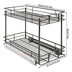 PIOJNYEN Pull Out Cabinet Organizer, 2-Tier Cabinet Pull Out Shelves, Kitchen Cabinet Organizer for Storing Kitchen Utensils Such As Dinner Plates, Bowls, Spices, Baking Supplies (10.5" W X 21.5" D)