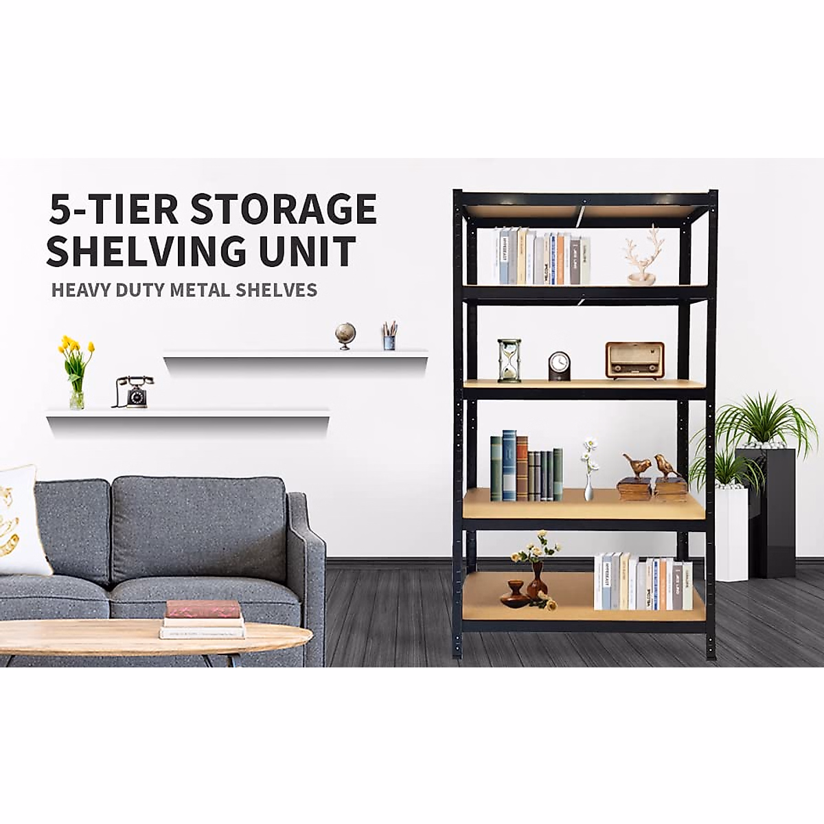 5 Tiers Storage Rack Heavy Duty Shelf Steel Shelving Unit 1929lbs High Weight Capacity Adjustable Garage Shelves for Garage, Kitchen, Pantry, Laundry, Office - 29.53" W x 11.81" D x 66.93" H, Black