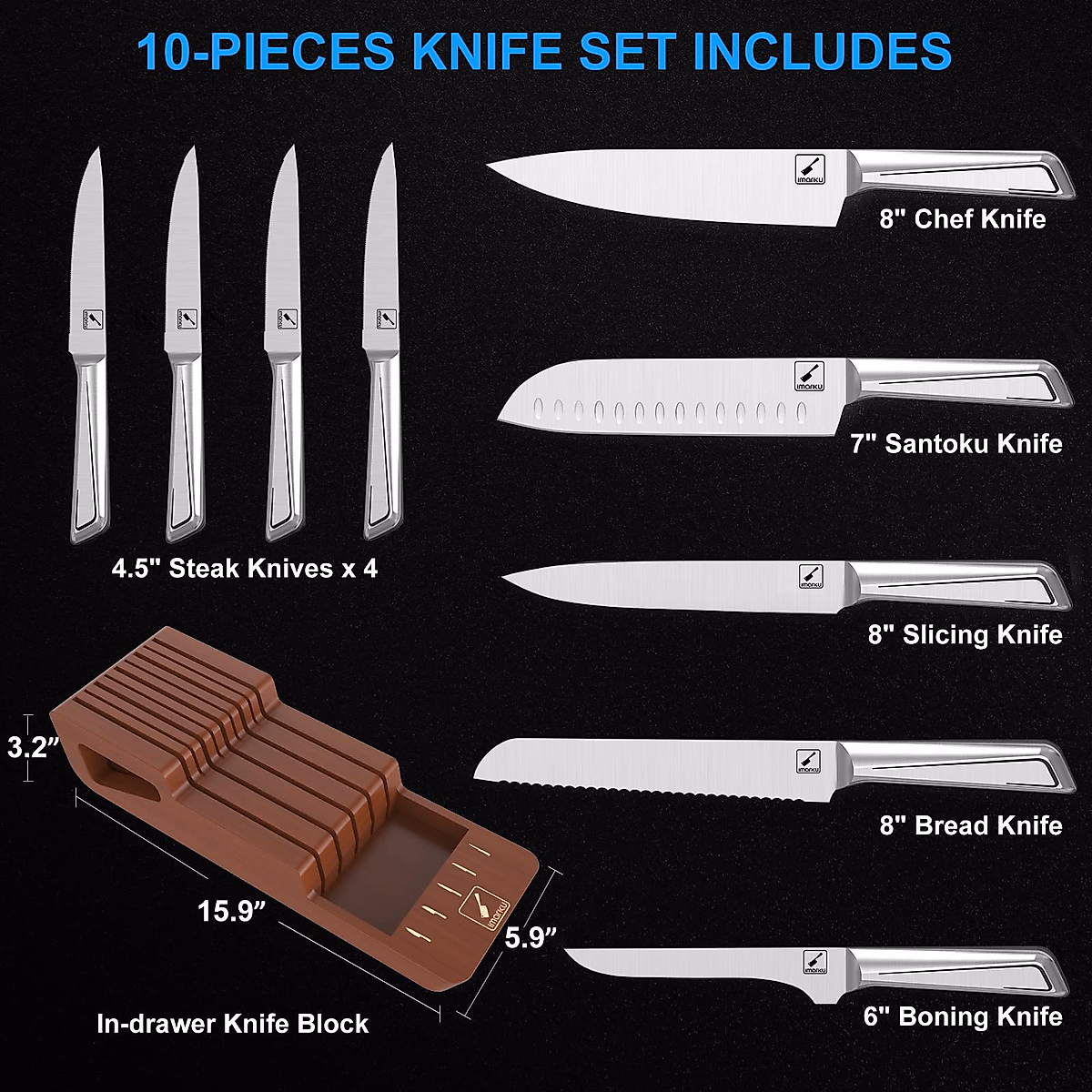 imarku Knife Set, 10 PCS High Carbon Japanese Stainless Steel Knife Block Set, Kitchen Knife Set with Wooden Drawer Organizer, Dishwasher Safe, Ultra Sharp Chef Knife Set, Gifts for Women Men