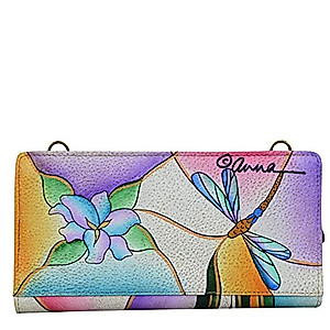 Anna by Anuschka Women's Hand-Painted Genuine Leather Bi-Fold Wallet With Strap - Dragonfly Glass Painting