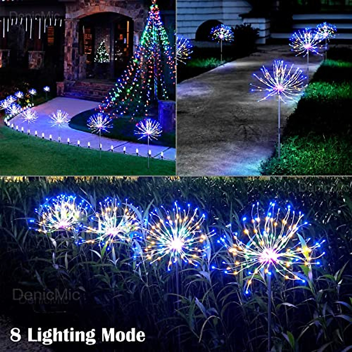 DenicMic 2 Pack Solar Firework Lights Outdoor Garden Lights 200 LED Solar Starburst Lights 8 Mode Solar Star Lights Waterproof Garden Yard Patio Christmas Decor (Multi-Colored)