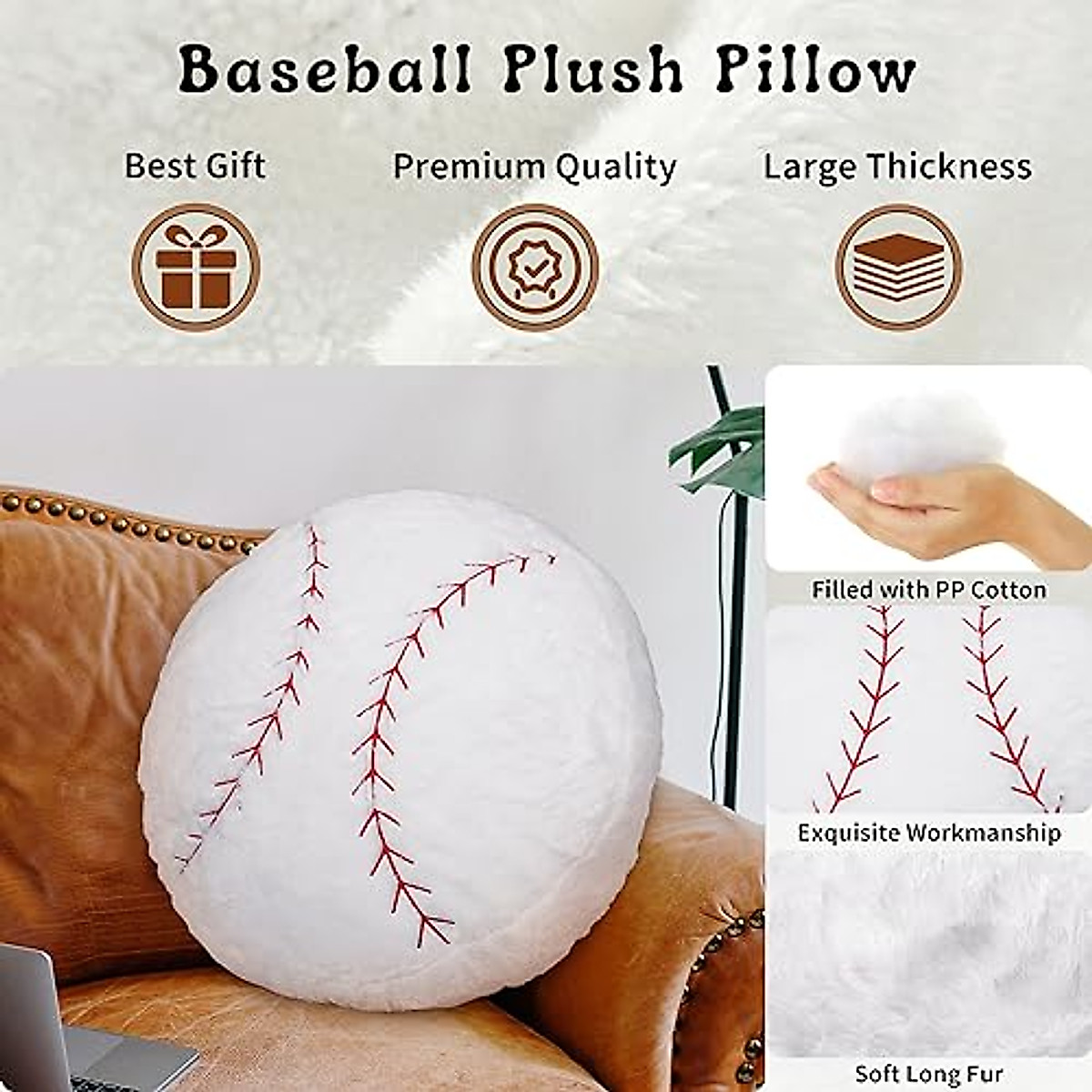OurHonor Baseball Plush, 18 inch Baseball Pillow Soft Fluffy Football Stuffed Plushies Toy Comfortable Cushion Room Decorations Party Gift for Boy & Girls