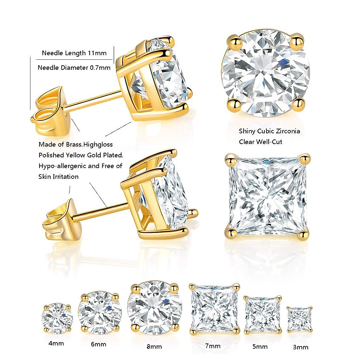 DwearBeauty 6 Pairs Gold Plated Cubic Zirconia Earrings Pack，Round Cut and Princess Cut Earrings for Men and Women