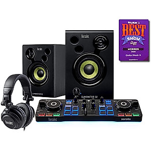 Hercules DJ Starter Kit with DJ Control Starlight, DJMonitor 32, HDP DJ M40.1 Headphones, & Serato DJ Lite + On-Stage Computer Laptop Audio Mixer, Lighting Controller, Midi Controller Stand