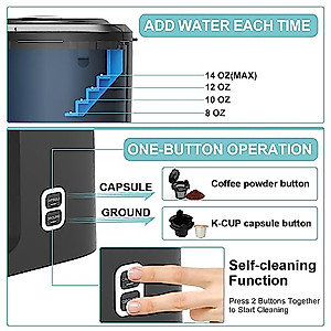 2-Way Single Serve Coffee Maker Brewer for Capsule and Ground Coffee, Mini Coffee Machine with Self-Cleaning Function and 8-14 oz Brew Size