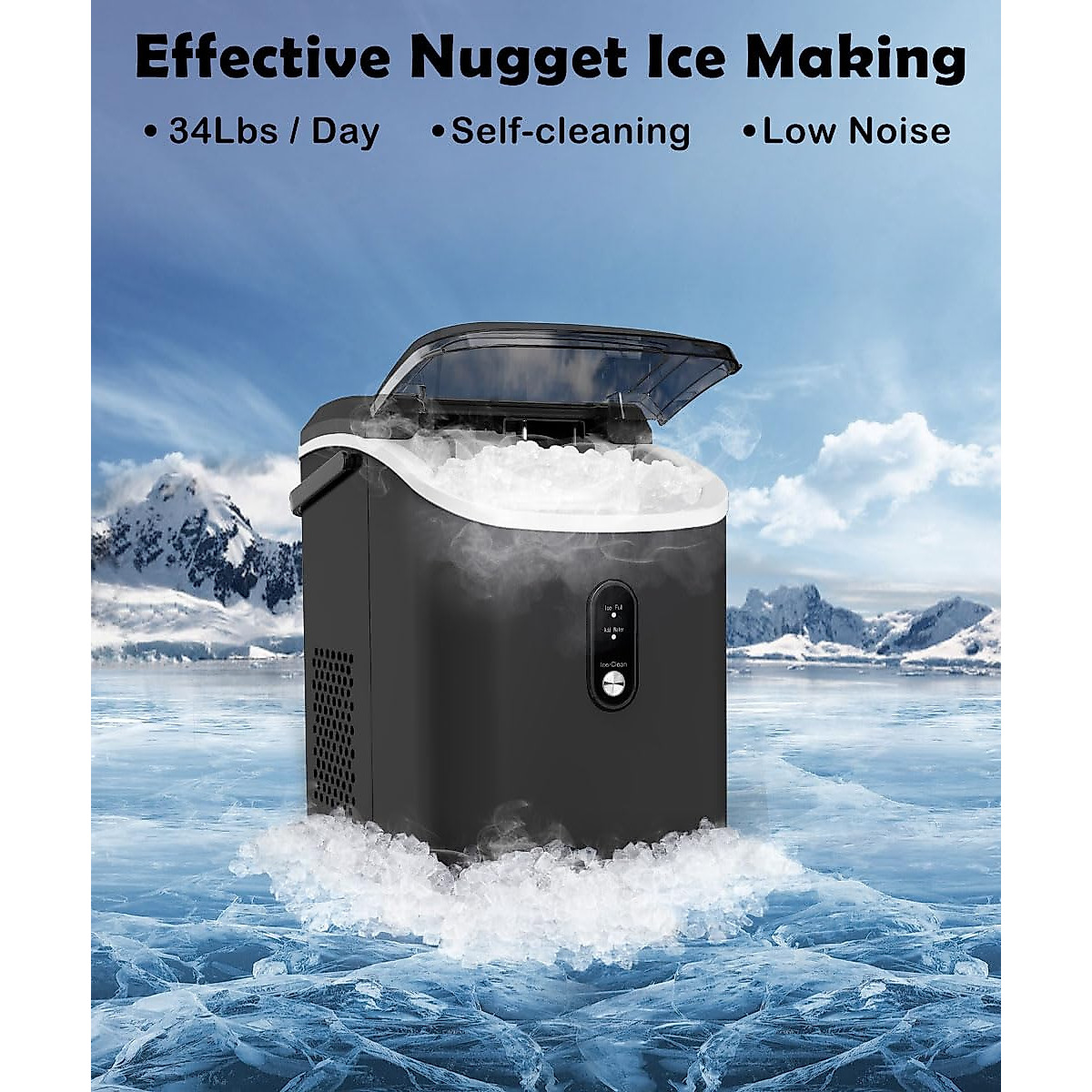 COWSAR Nugget Ice Maker Countertop, Chewable Pebble Ice 34Lbs Per Day, Crunchy Pellet Ice Cubes Maker Machine with Self Cleaning, Compact Portable Design for Home/Kitchen/RV/Office