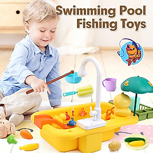 SINOMARS Play Sink with Running Water, Toddler Sink Toy with Automatic Water Cycle System,Fishing Game,Dish Rack and Play Food, Pretend Play Kitchen Sink Toy Dishwasher for Boys Girls toddlers 1-3