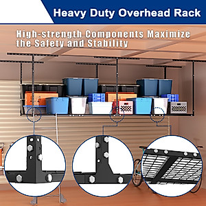 GIOTORENT 3x8FT Overhead Garage Storage Rack, Heavy Duty Metal Garage Ceiling Storage Racks, Adjustable Garage Shelving/Garage Organization/Garage Storage Shelves, 600lbs Weight Capacity, Black