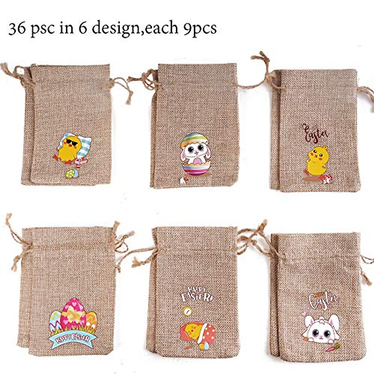 DIYASY 36 Pcs Easter Burlap Goody Bags,Egg Bunny Chick Treat Drawstring Linen Bags for Easter Party Favor.