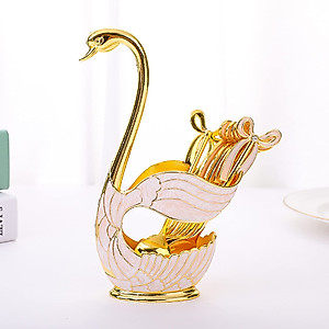 Metal Spoon Set Includes Swan Base Holder And 6 Spoons, Coffee Dessert Flatware Dinnerware Set With Organizer (Gold)