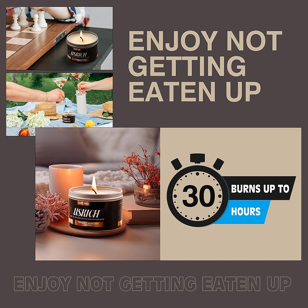 USKICH Mosquito Repellent Candle | Citronella Candle | DEET Free | Made with Plant Based Essential Oils and a Soy/Beeswax Blend for Outdoor, Camping | 30 Hours Burn Time | 6.4 oz | 4 Pack