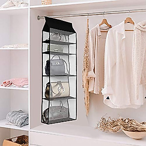 Dearjana Improved Closet Handbag Purse Holder with 5 Large Heavy-Duty Mesh Shelves, Space Saving Hanging Handbag Storage Tote Bag Organizer Holder for Wardrobe Closet(Black)