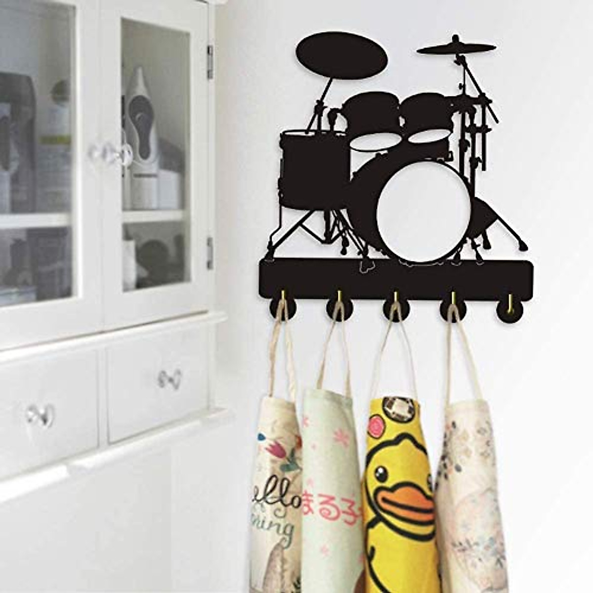 Musical Instrument Drum kit Key Hook Wall Door Clothes Coat Hat Hanger Key Holder with 5 Hooks Strong Adhesive Sticker Wood Hook,Drummer Gift,Brithday Gift.