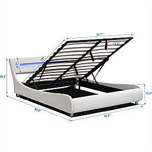 Low Profile Upholstered Platform Bed with LED Lights Headboard, Hydraulic Lifting Under Bed Storage, Modern Curved PU upholstered Low Profile Platform Bed Frame for Kids Teens Adults (White, Full)