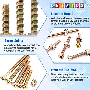 Glarks 100Pcs Zinc Plated M6 x 40/50/60/70/80mm Hex Socket Head Cap Screws Bolts Furniture Crib Bolts with Barrel Nuts Assortment Kit