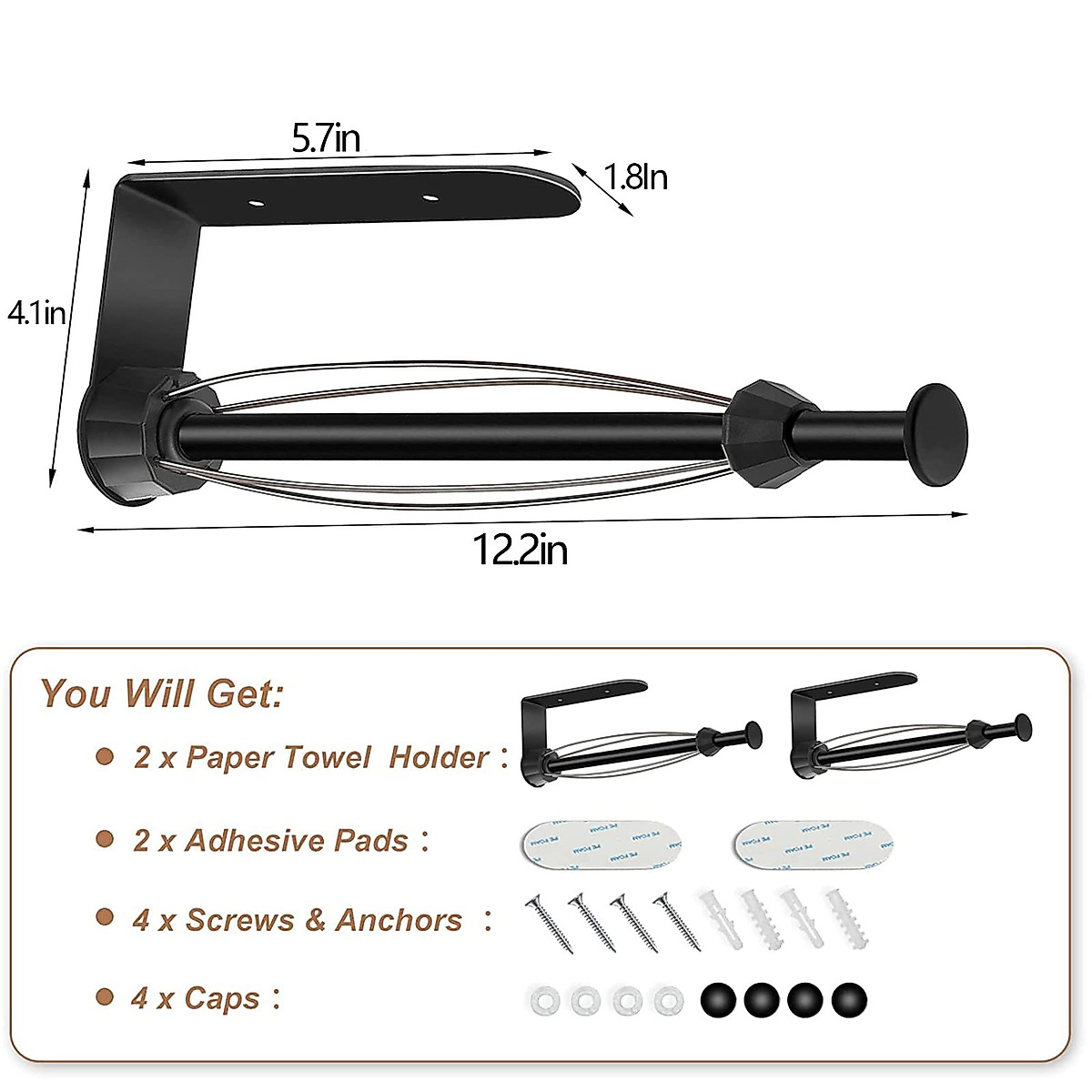 2 Pack Metal Paper Towel Holder, Easy Tear with Damping Function, Single Hand Operable Wall Mount Paper Towel Holder, Self-Adhesive or Drilled for Kitchen,Under Cabinet, Bathroom. Black