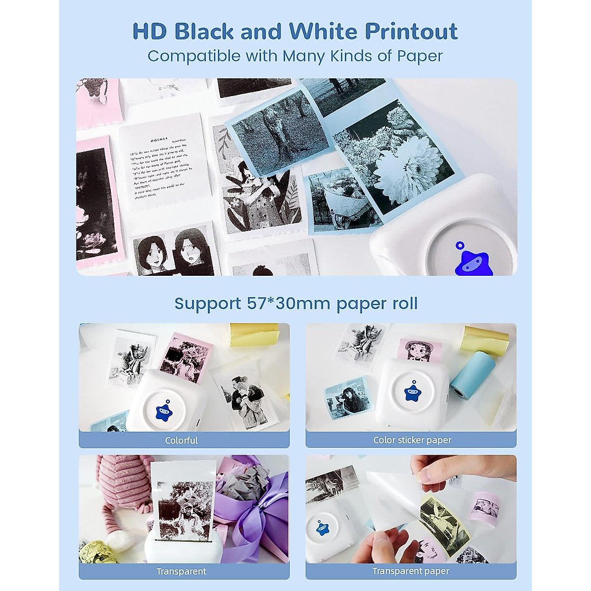 Portable Thermal Printer, Mini Bluetooth Mobile Printer - Sticker Printer Compatible with Android & iOS - Wireless Pocket Picture Printer for iPhone Listing Notes DIY, Photo Printer with 10x Paper