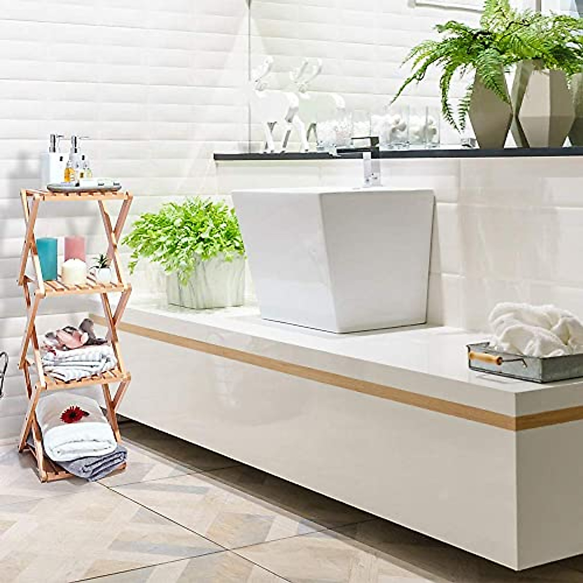 EZOWare Bathroom Storage Shelf, 4-Tier Collapsible Narrow Storage Organizer Rack Accent Tower Display Shelving – Rubberwood