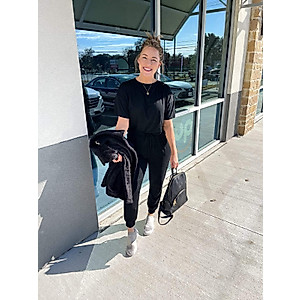 PRETTYGARDEN Women's Two Piece Outfit Short Sleeve Pullover with Drawstring Long Pants Tracksuit Jogger Set (A-black,Large)