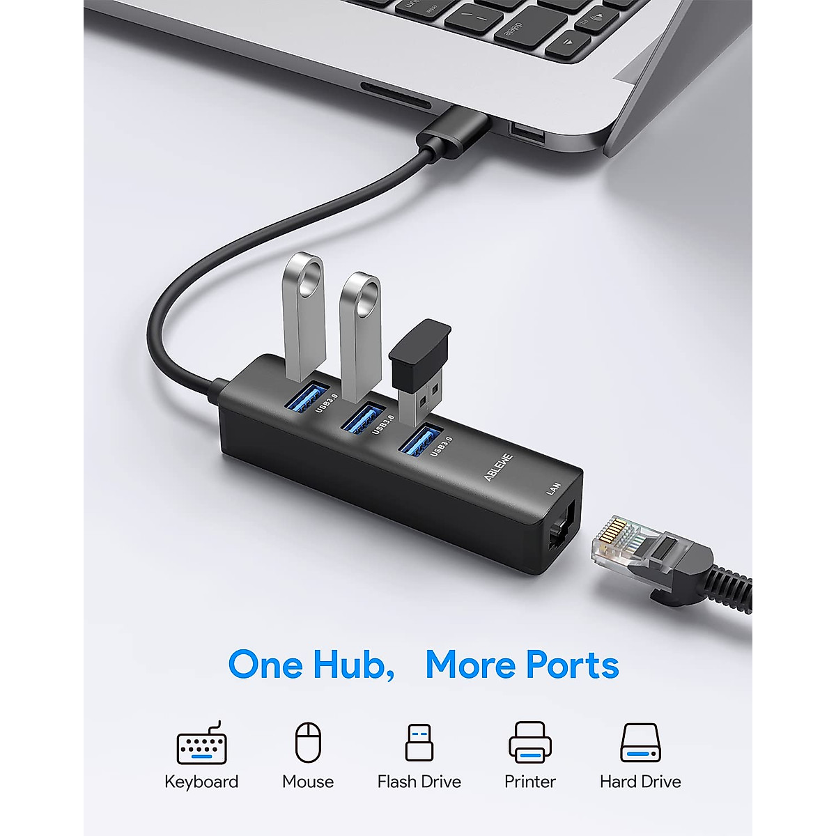 USB to Ethernet Adapter, ABLEWE 3 Ports USB 3.0 Hub with RJ45 1Gbps Gigabit Ethernet Adapter, for MacBook Air 2017, iMac, XPS, Surface Pro, Linux, Chromebook, Notebook and More - Black