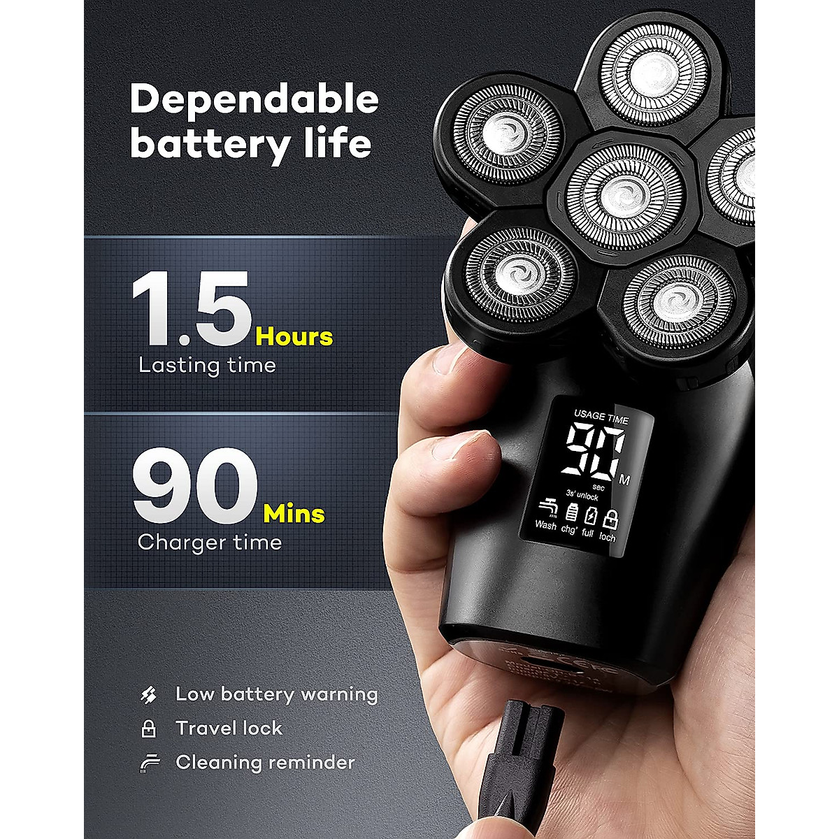 Head Shaver, ATEEN Wet/Dry Electric Razor for Men Rechargeable, Mens Cordless Rotary Shavers for a Perfect Bald Looking, Grooming Kit for Men, Anti-Pinch, LED Display-Mens HIMS Gifts