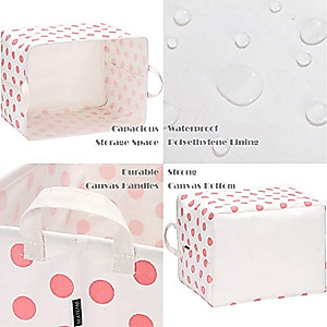 Sea Team Collapsible Canvas Fabric Storage Basket with Handles, Rectangle Waterproof Storage Bin, Box, Cube, Foldable Shelf Basket, Closet Organizer, 16.5 x 11.8 x 9.8 Inches, Pink Dot