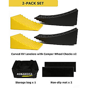 KOBANOICA RV Leveling Blocks,Camper Leveler 2 Pack,Includes Curved RV Levelers Ramp with Camper Wheel Chocks,RV Leveling System for Travel Trailer,Motorhome,Fifth Wheels