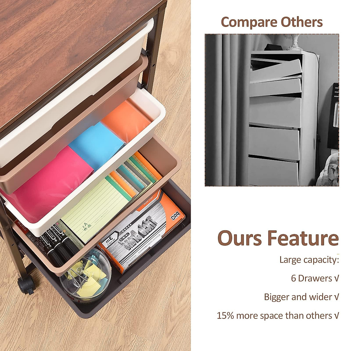 TOOLF Rolling Storage Cart with 6 Drawers,Utility Cart with Drawers and Wooden Tabletop,Storage Dresser for Bedroom,Tall Nightstand for Dorm with Large Capacity,Brown