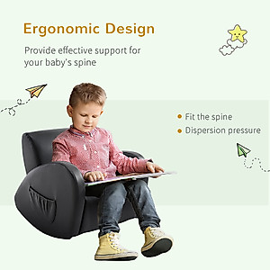 Qaba Kids Sofa Rocking Chair with Side Pocket, PU Leather Toddler Armchair for Children Grey