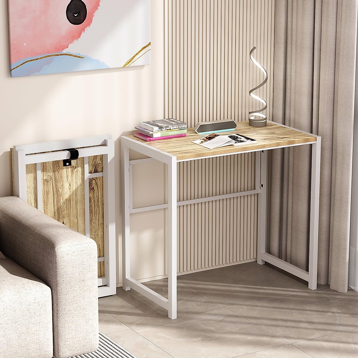 GreenForest Folding Desk No-Assembly, 31.5 in Small Desk for Small Spaces, Computer Desk for Home Office, Space Saving Foldable Table, Study Writing Desk, Oak White