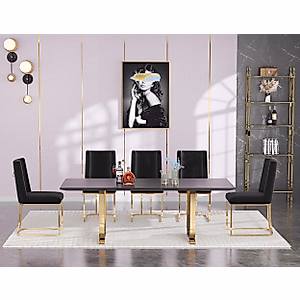 Pvillez 71" Modern Dining Table for 6-8 People, Rectangular Kitchen Table Black Faux Marble Top Dining Table with Polished Gold Metal Pedestal Base, Large Dinner Table for Dining Room Kitchen Office