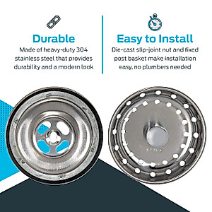 EZ-FLO Kitchen Sink Strainer fits 3-1/2 Inch Opening, Sink Drain Assembly with Brass Slip-Joint Nut and Fixed-Post Basket, Stainless Steel, 30003