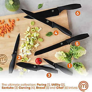 MasterChef Knife Block Set of 6 Kitchen Knives, Extra Sharp Stainless Steel Blades for Professional Cutting with Non Stick Coating & Soft Touch Easy Grip Handles in a Universal Block, Essential Black