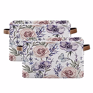 Vintage Watercolor Lavender Roses and Anemone Storage Basket for Shelves for Organizing Closet Shelf Nursery Toy, Fabric Collapsible Storage Organizer Bins Decorative Baskets with Handles Cubes 2 Pack