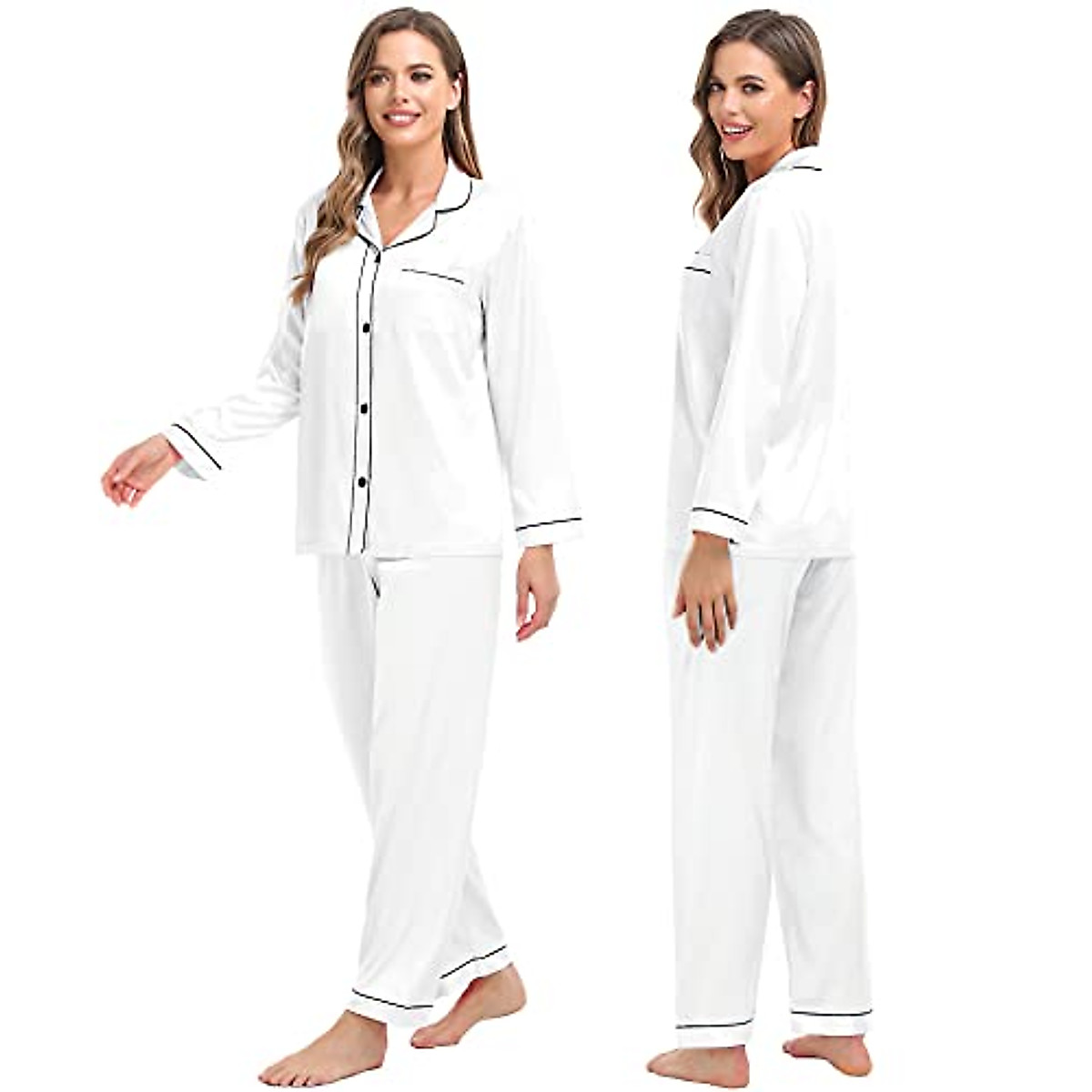 SWOMOG Womens Silk Satin Pajamas Set Two-piece Pj Sets Sleepwear Soft Loungewear Button-Down Pj Sets White