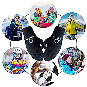 FINGER TEN Kids Winter Gloves Waterproof with Neck Warmer Boys Girls Touchscreen for Cold Weather Outdoor Sports (Black, Small)