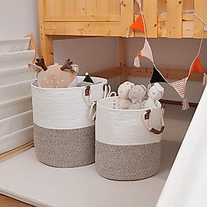 WSNYY Large Cotton Rope Basket, Storage Basket, Woven Laundry Hamper, Toy Storage Bin, Nursery Storage Basket, Baby Bin Organizer, White & Brown, 17x19 Inches