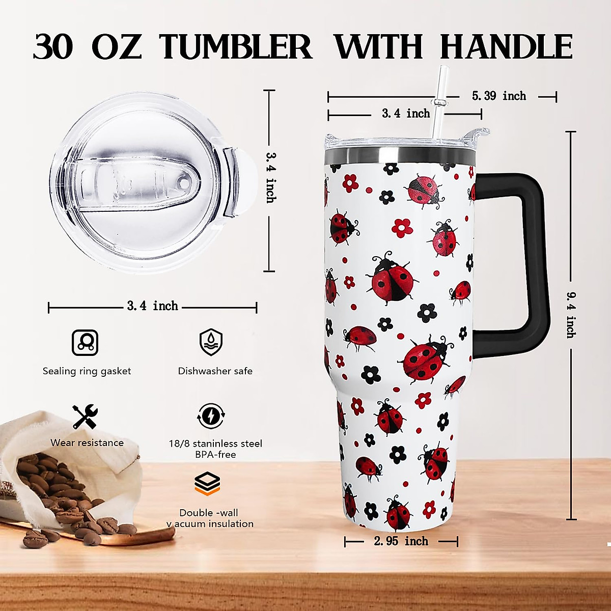 wmvhdiw 30 Oz Ladybug Tumbler With Handle,Ladybug Coffee Travel Mug Cup Water Bottle,Ladybug Decor,Ladybug Gifts for Women